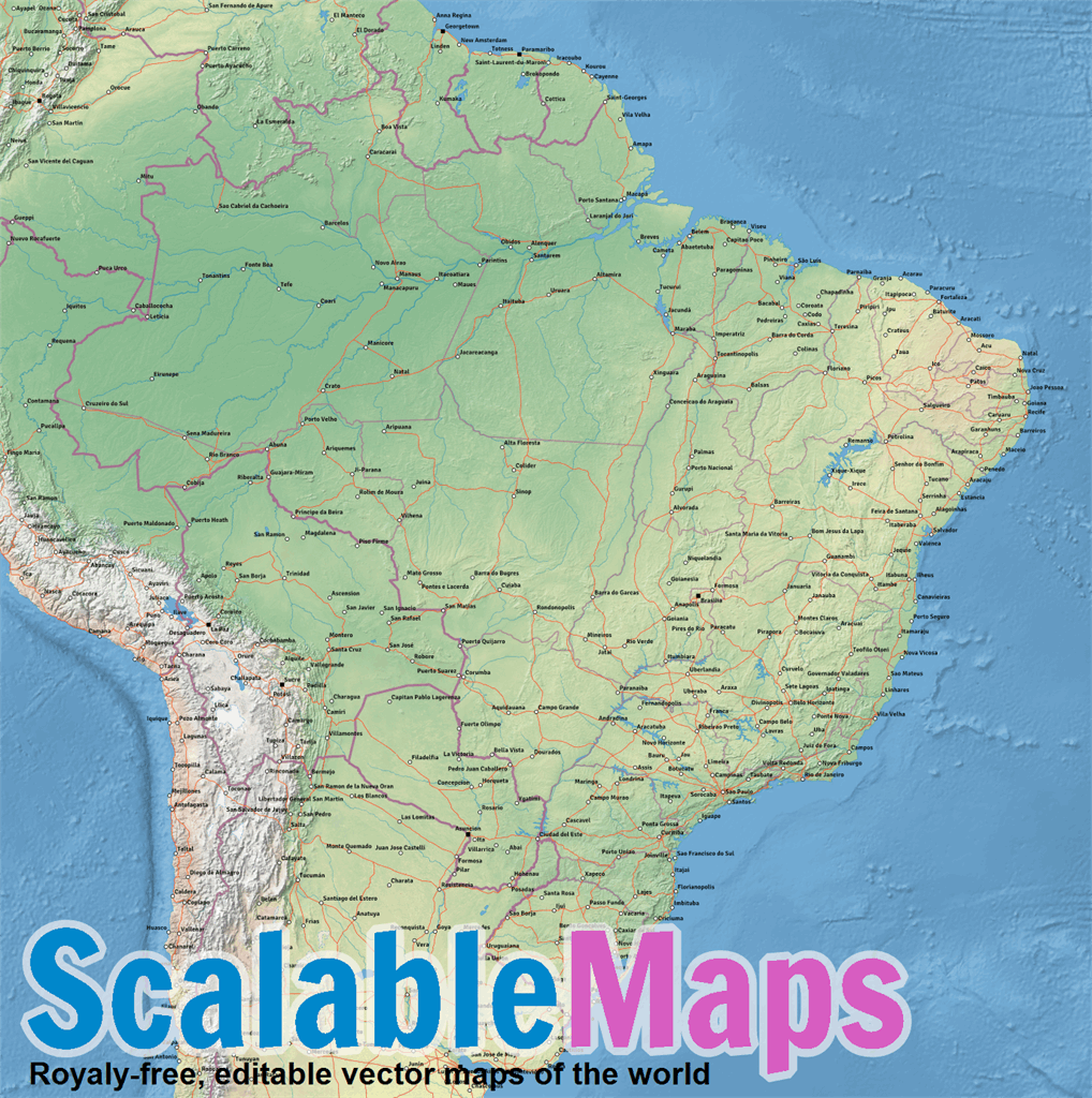 ScalableMaps: Vector map of Brazil (shaded relief (raster) + roads theme) ScalableMaps: Vector map of Brazil (shaded relief (raster) + roads theme)
