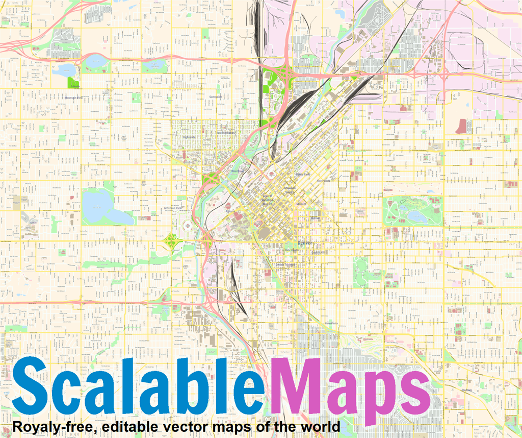 ScalableMaps: Vector map of Denver (center) (colorful city map theme)