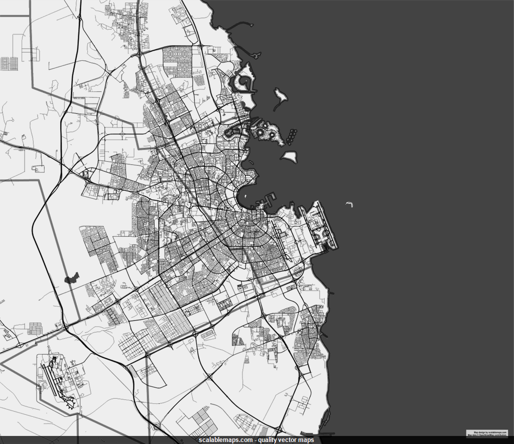 ScalableMaps: Vector map of Doha (black & white, no labels theme)