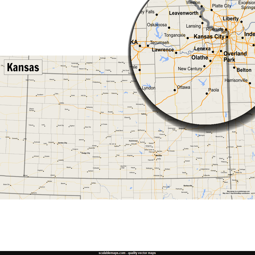 ScalableMaps: Vector map of Kansas (gmap smaller scale map theme)