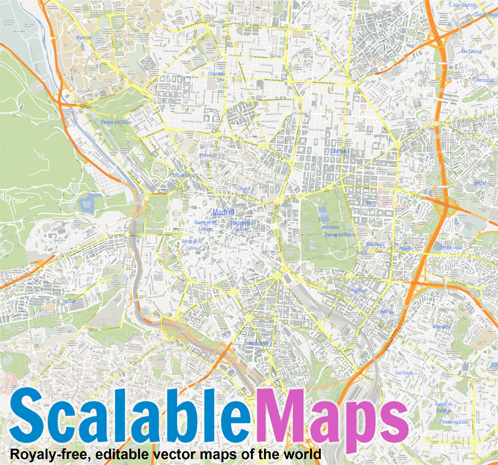 ScalableMaps: Vector map of Madrid (center) (gmap city map theme)