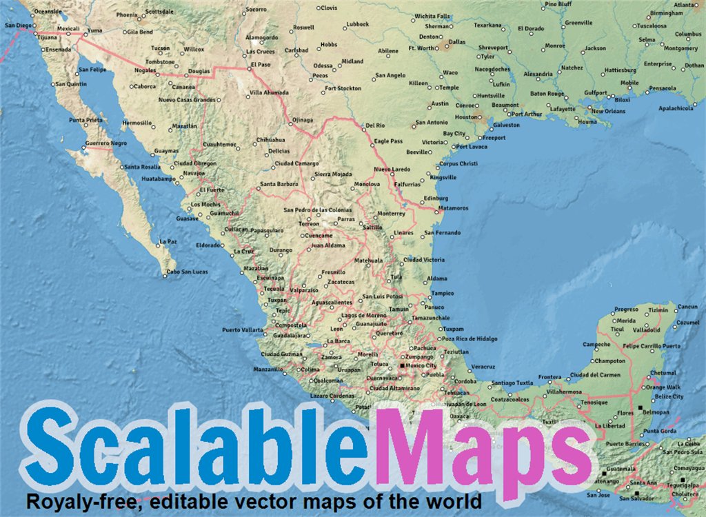 ScalableMaps: Vector map of Mexico (shaded relief (raster), borders ...