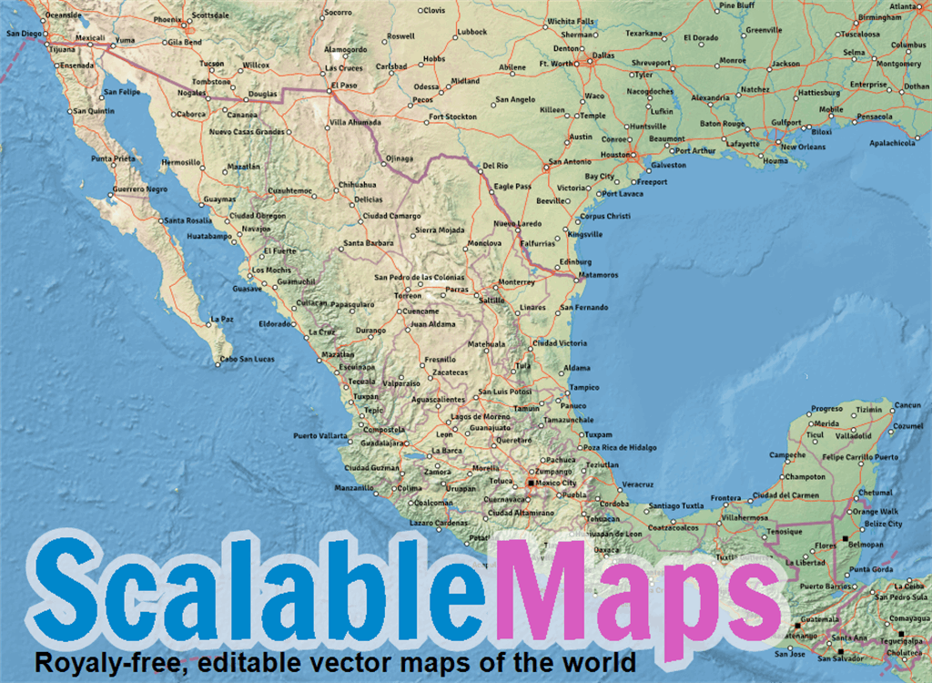 ScalableMaps: Vector map of Mexico (shaded relief (raster) + roads theme)