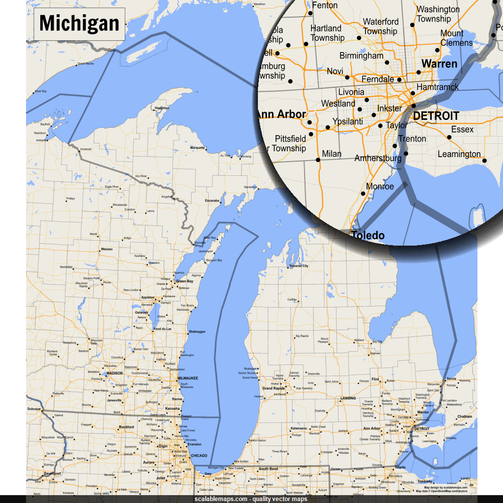 ScalableMaps: Vector map of Michigan (gmap smaller scale map theme)