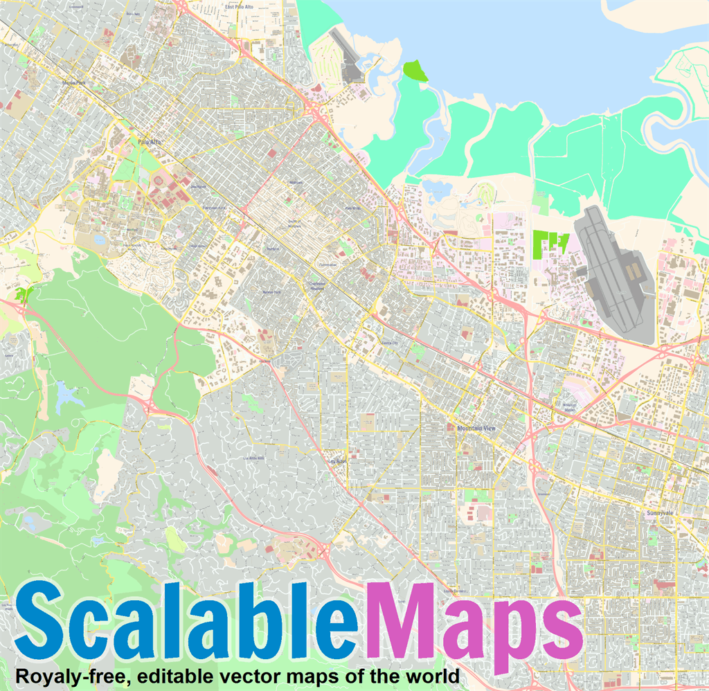 ScalableMaps: Vector map of Mountain View (colorful city map theme)