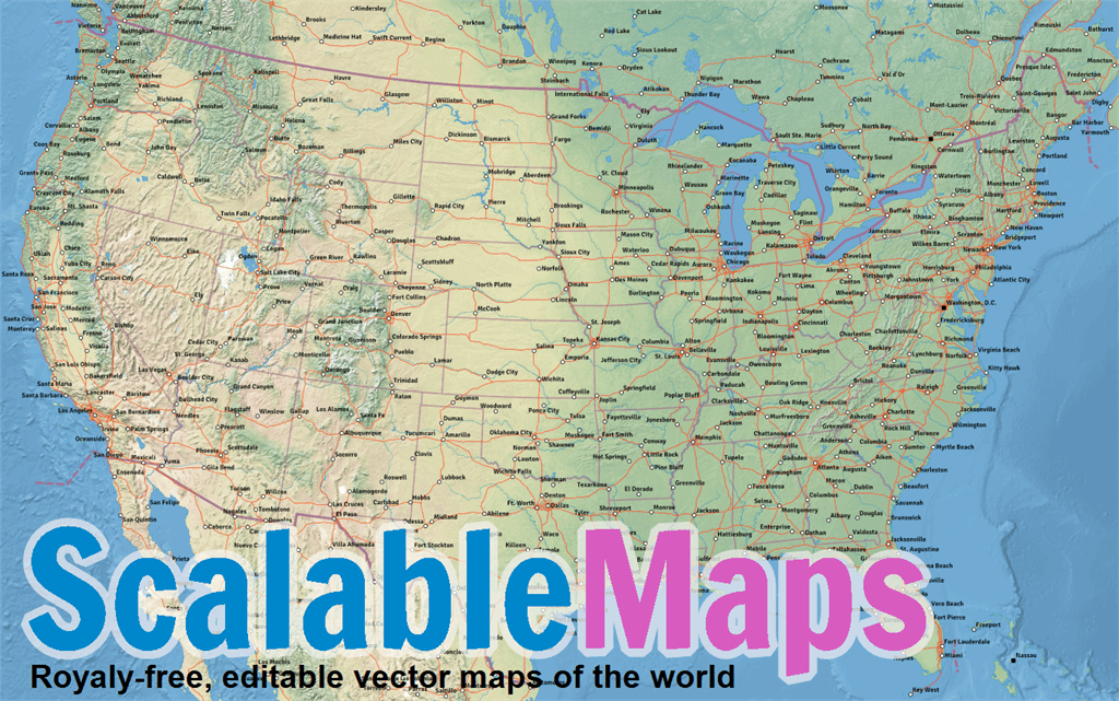 ScalableMaps: Vector map of USA (shaded relief (raster) + roads theme)