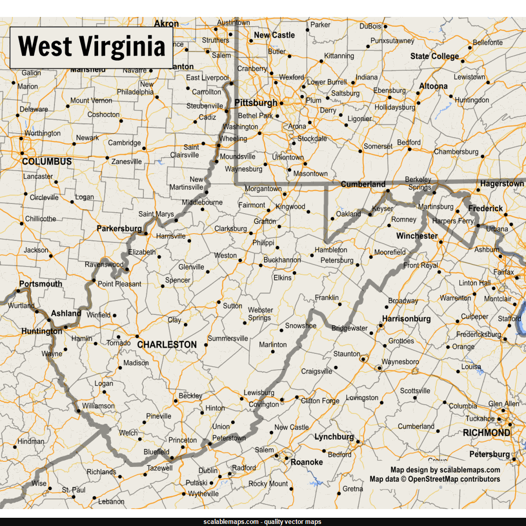 ScalableMaps: Vector map of West Virginia (gmap smaller scale map theme)